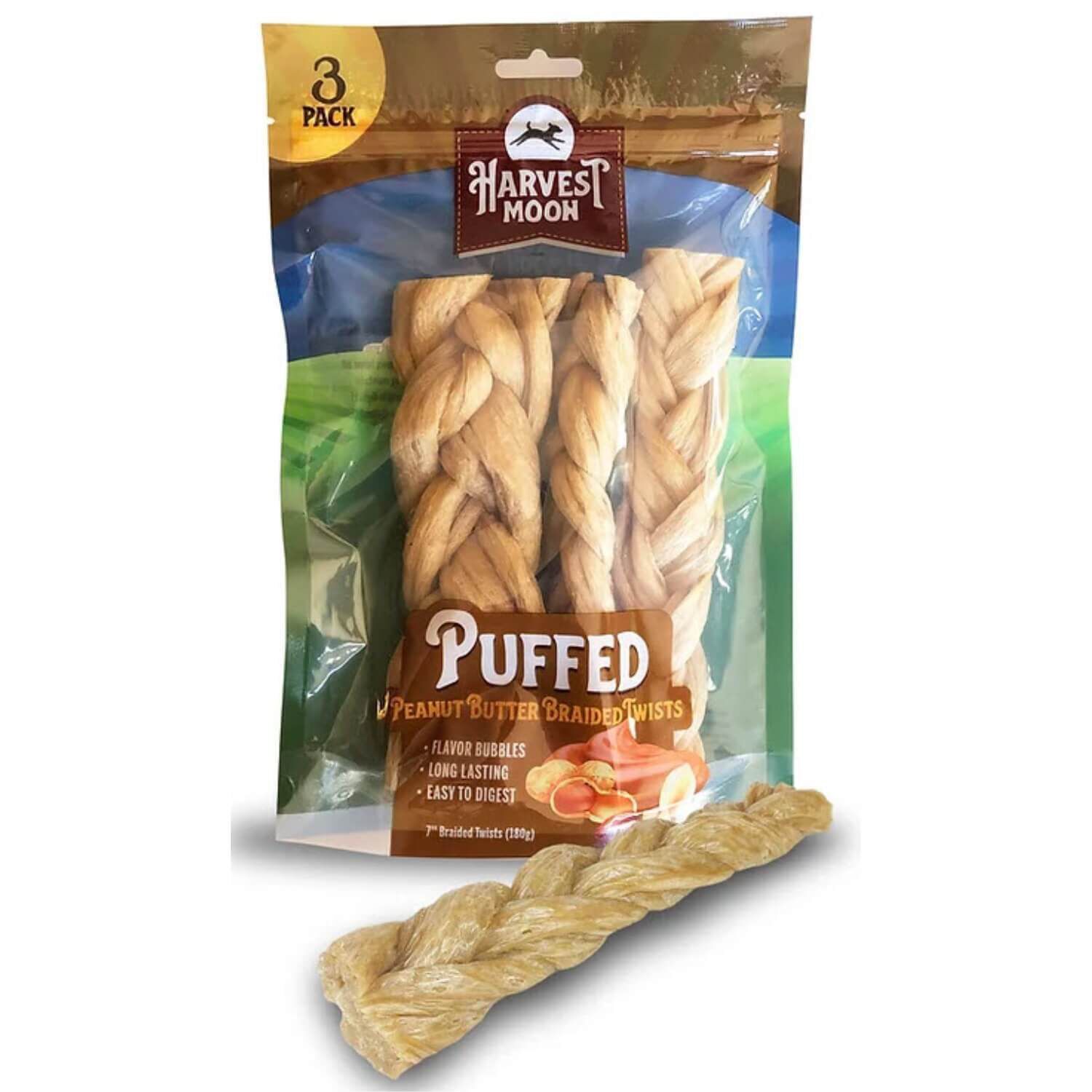Harvest Moon Rawhide Free Puffed 7" Braided Twist Peanut Butter Dog ...